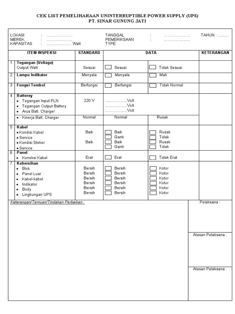 MAINTENANCE CHECKLIST FOR UNINTERRUPTIBLE POWER SUPPLY (UPS) | PDF