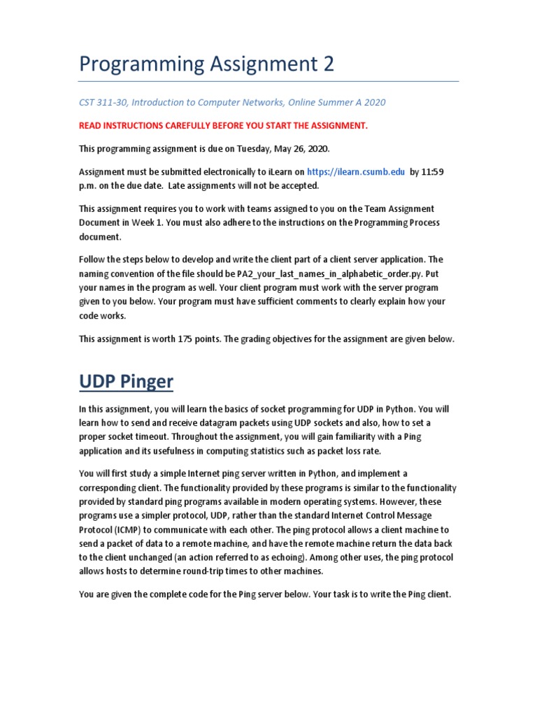Programming Assignment 2 Udp Pinger Ver | PDF | Network Socket | Network Architecture