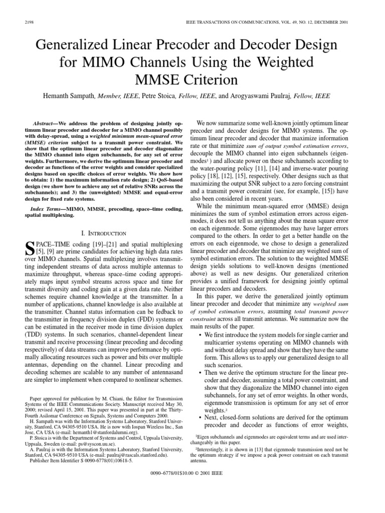 Generalized Linear Precoder and Decoder Design For MIMO Channels Using The Weighted MMSE ...