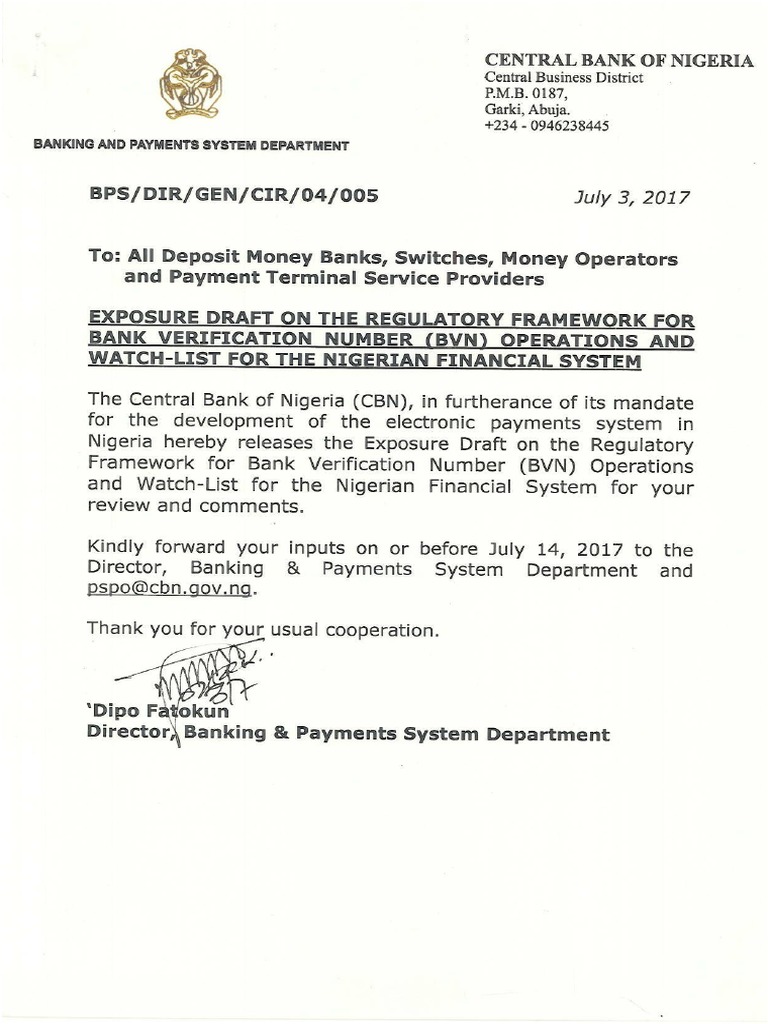 Circular and Exposure Draft On The Framework For BVN Operations and ...