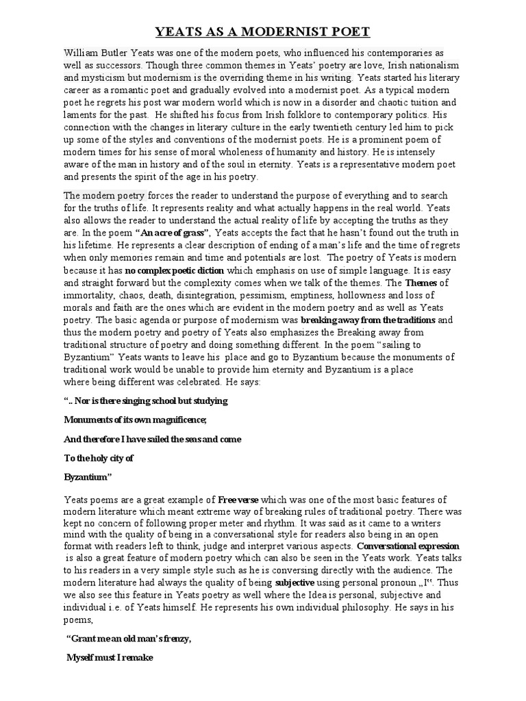 Yeats As A Modernist Poet | PDF | W. B. Yeats | Poetry