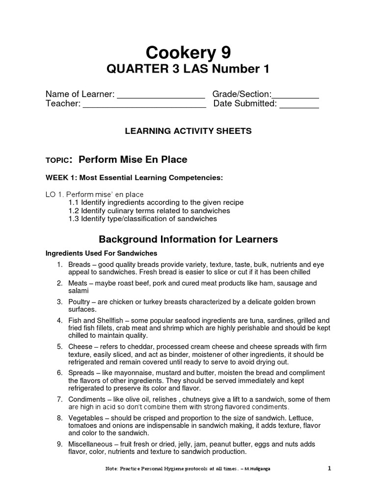 COOKERY 9 Q3.Mod1 | PDF | Sandwich | Toast