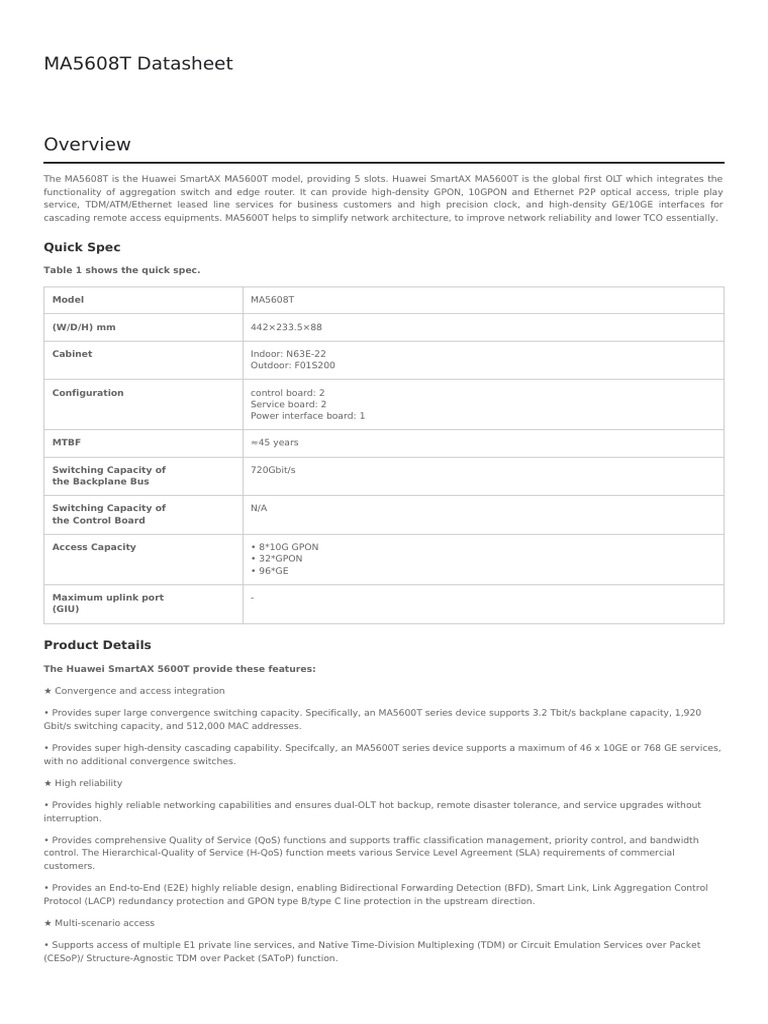 Huawei MA5608T OLT Datasheet | PDF | I Pv6 | Network Switch