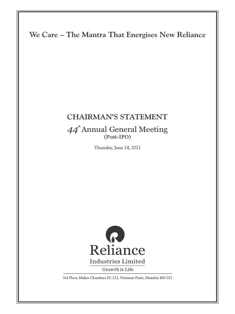 Chairman's Statement - 44th RIL AGM (Post-IPO) | PDF | Fuel Cell ...
