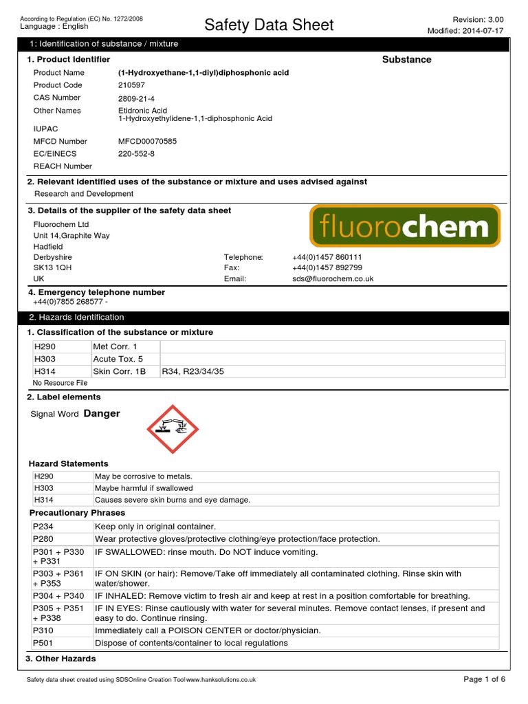 Safety Data Sheet: (1-Hydroxyethane-1,1-Diyl) Diphosphonic Acid | PDF ...