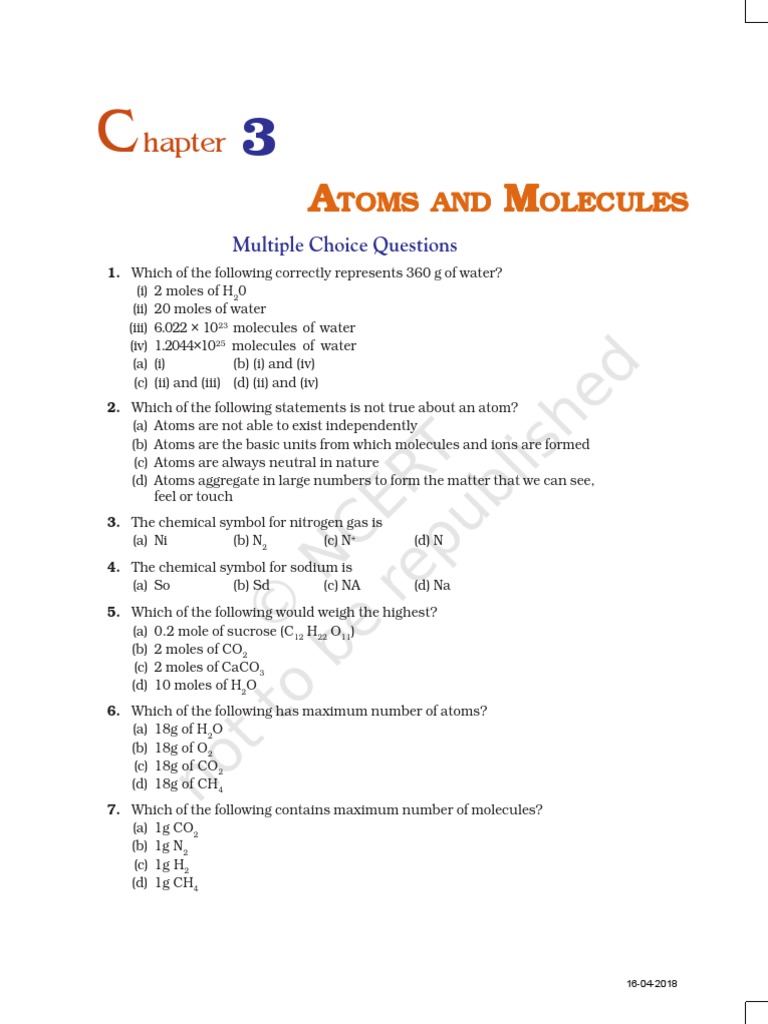 Multiple Choice Questions | PDF | Mole (Unit) | Molecules