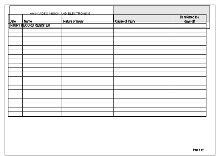 Injury Record Register Template | PDF