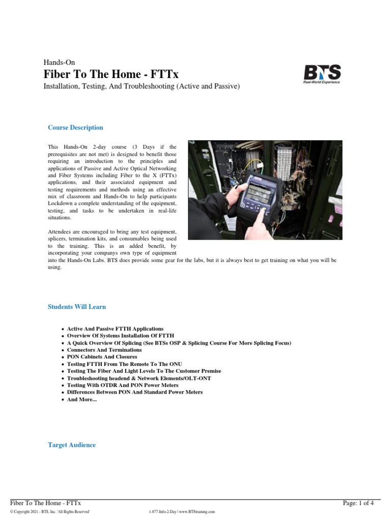 BTS Training Fiber To The Home FTTX | PDF | Fiber To The X | Optical Fiber