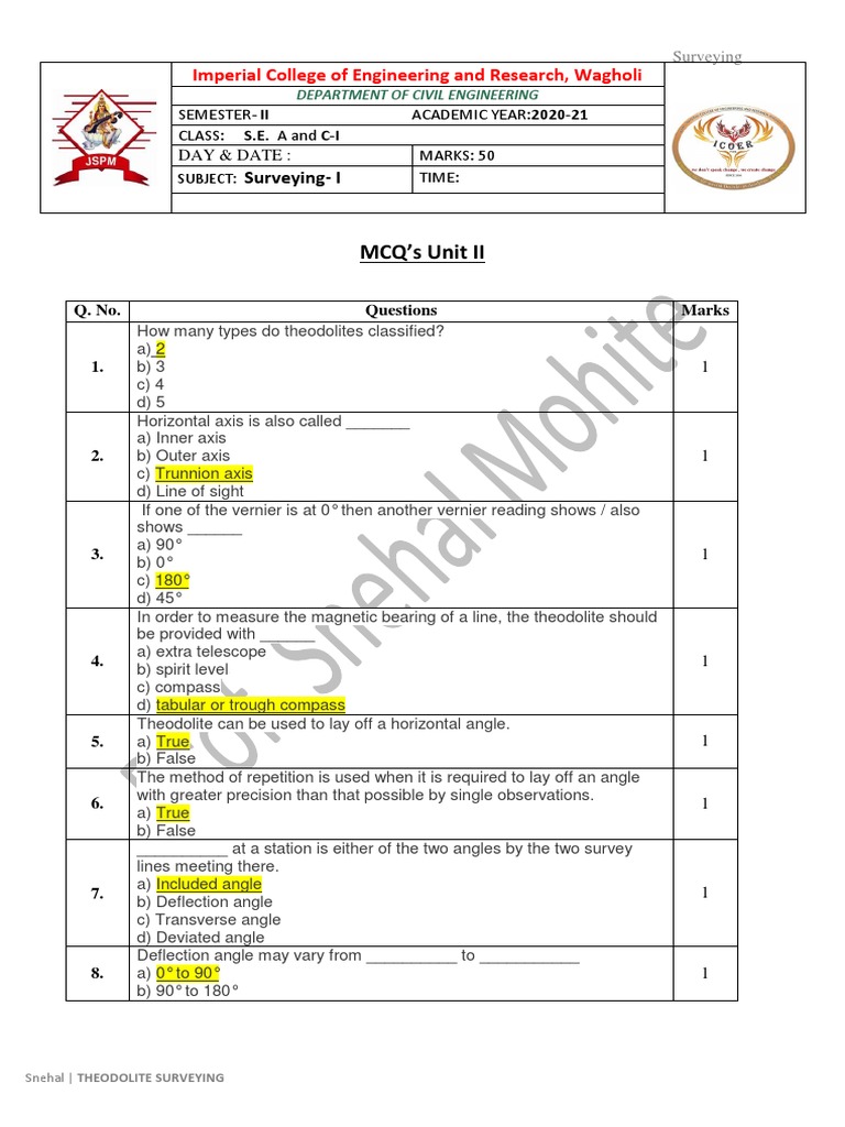 MCQ's Unit II: Surveying-I | PDF | Surveying | Scientific Observation