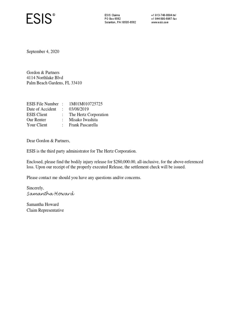 ESIS Claims PO Box 6562 Scranton, PA 18505-6562 +1 913-748-8894 Tel +1 ...