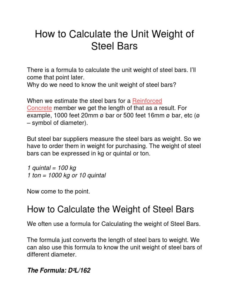 Unit Weight Calculation for Steel Bars | PDF | Metrology | Physical ...