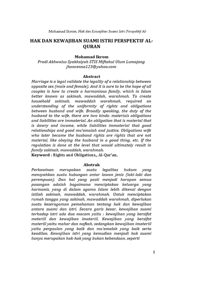 Hak Dan Kewajiban Suami Istri Dalam Perspektif Al Quran Analisis Ayat