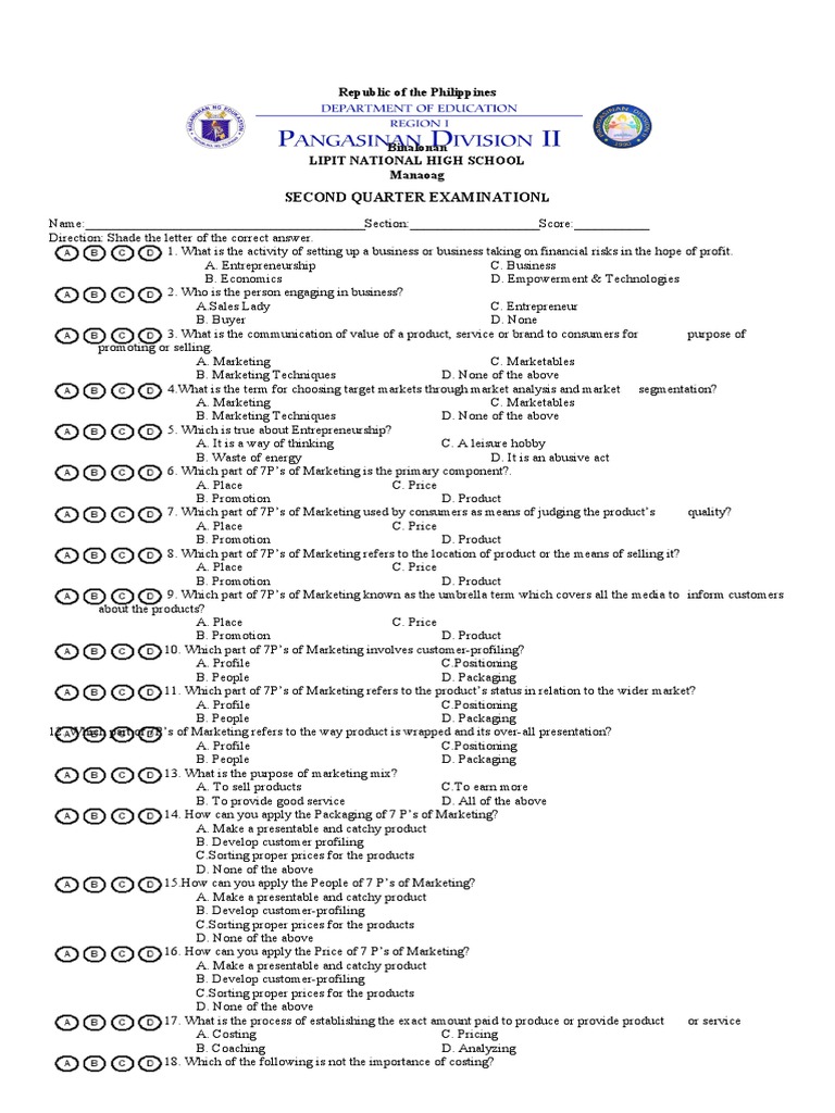 Entrep Exam 2nd Quarter True | PDF | Profit (Economics) | Marketing