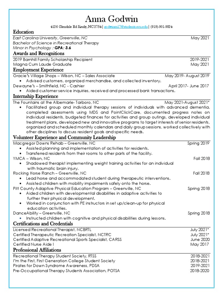 2021-Anna Godwin Resume | PDF | Physical Therapy | Human Nature