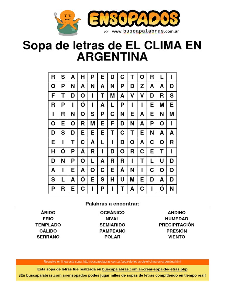 Sopa de Letras de El Clima en Argentina | PDF