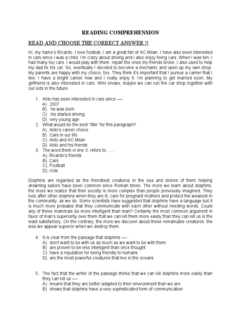 Read and Choose The Correct Answer !!: Reading Comprehension | PDF ...