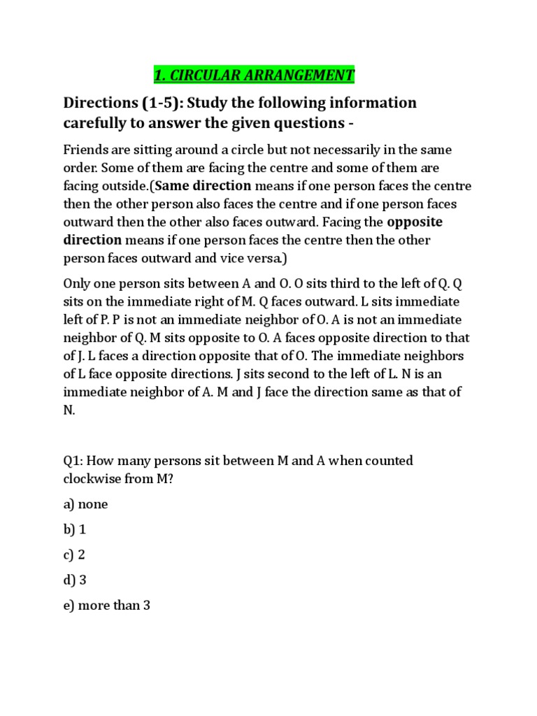 Circular Arrangement Directions (1-5) : Study The Following Information ...