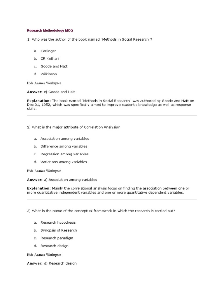 Research Methodology MCQs Overview | PDF | Hypothesis | Sampling ...