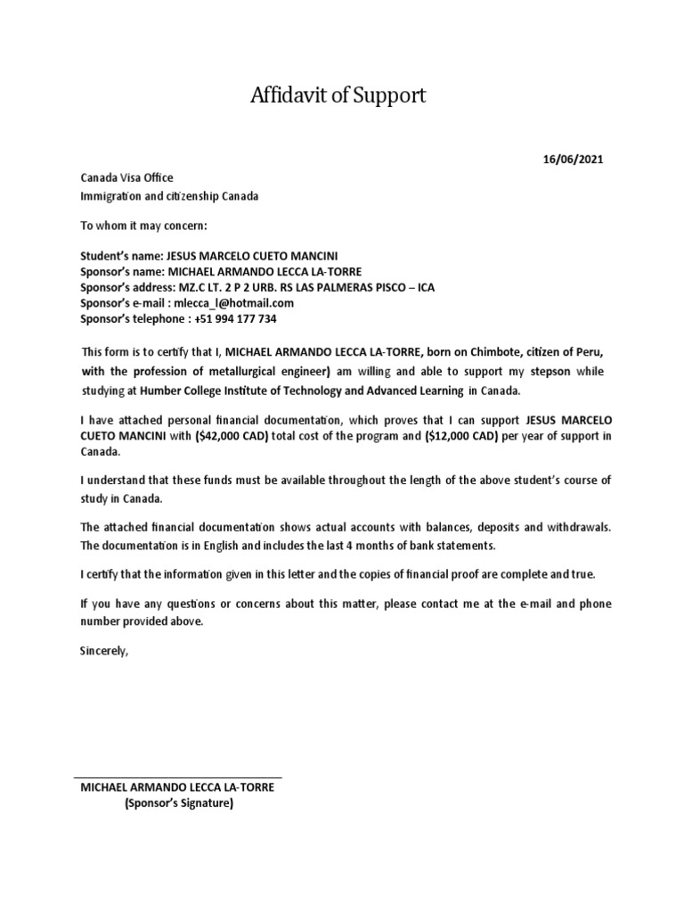 AFFIDAVIT Support Letter | PDF