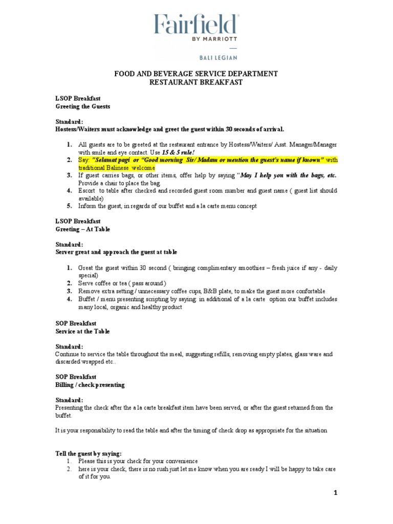Sequence of Service Breakfast | PDF