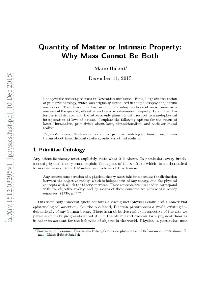 Quantity of Matter or Intrinsic Property: Why Mass Cannot Be Both | PDF ...