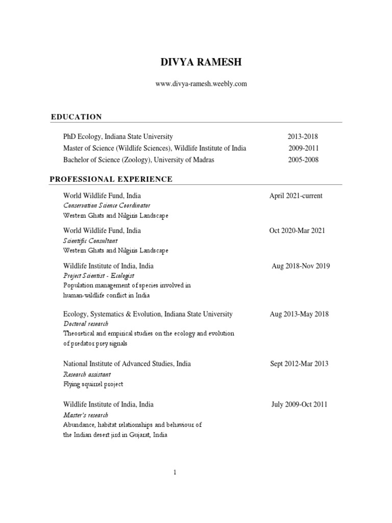 Divya CV 2021 | PDF | Conservation Biology | Ecology