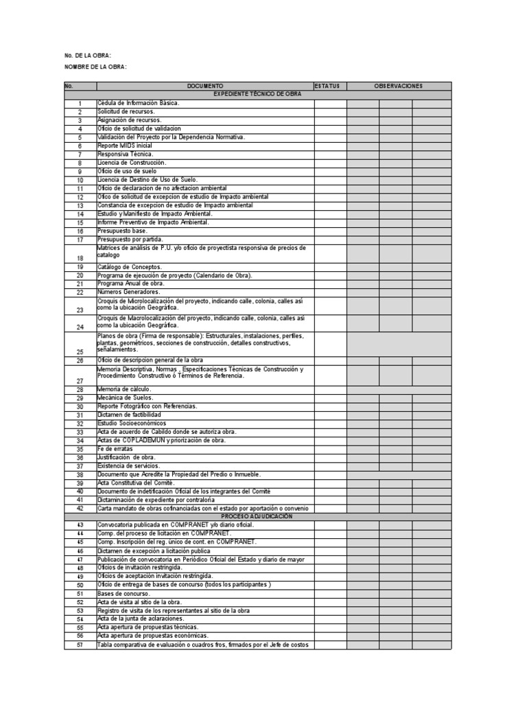 CHECK LIST Integración Expediente Obra Pública | PDF | Evaluación de impacto ambiental | Presupuesto