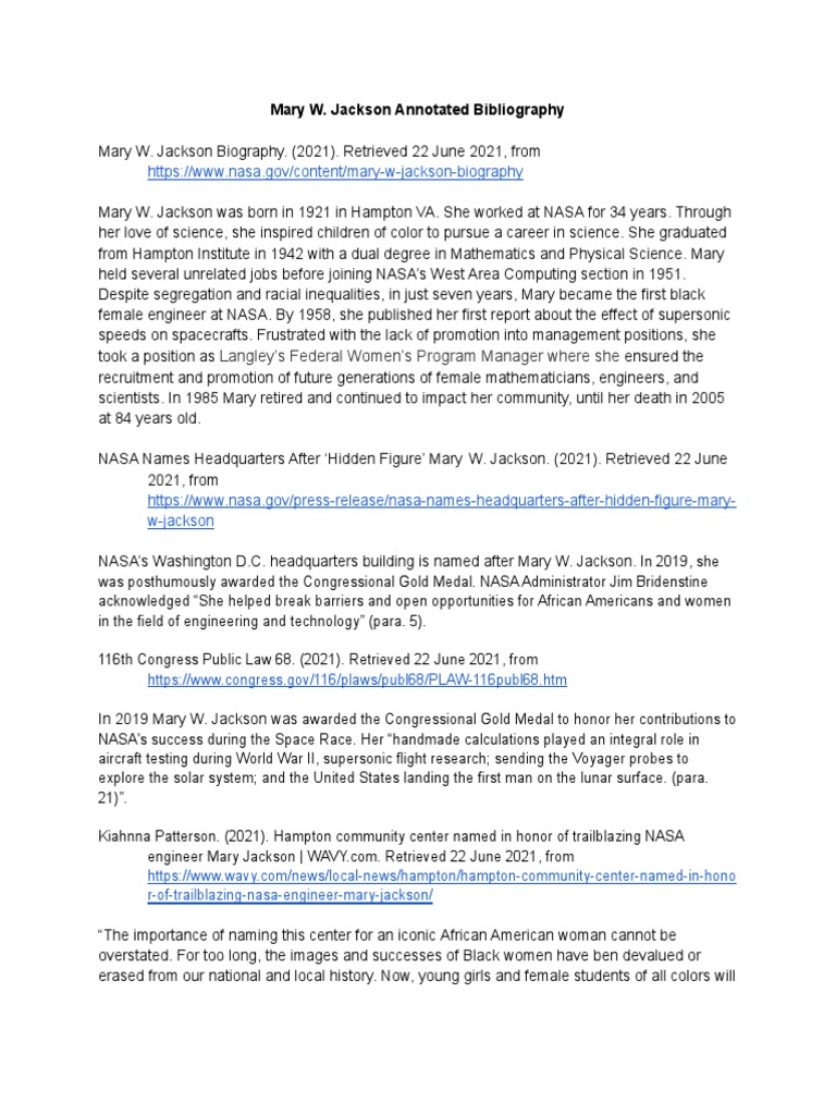 Mary Jackson Annotated Bibliography | PDF | Nasa | Spaceflight