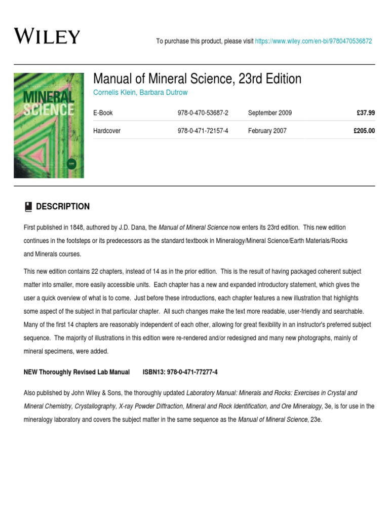Manual of Mineral Science, 23rd Edition: Description | PDF