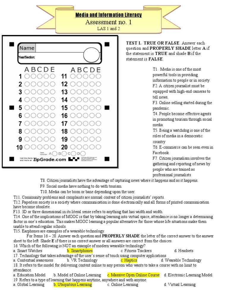 Assessment No. 1: Media and Information Literacy | PDF | Wearable ...