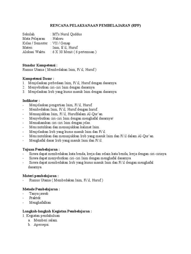 RPP Nahwu Kelas VII MTs | PDF | Seni & Disiplin Bahasa