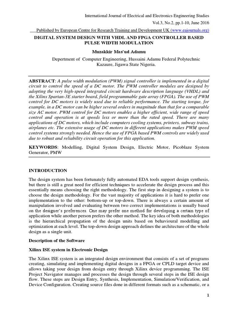 Digital System Design With VHDL and Fpga Controller Based Pulse Width Modulation | PDF | Field ...
