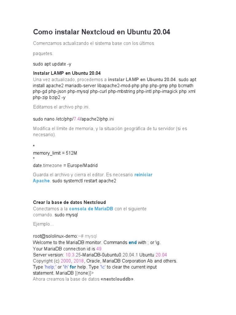 Como Instalar Nextcloud en Ubuntu 20.04 | PDF | Servidor HTTP Apache | Mi sql
