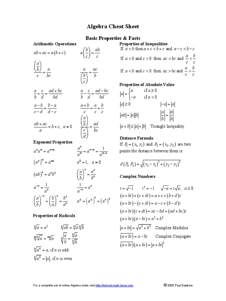 Algebra Cheat Sheet: Basic Properties & Facts | PDF | Logarithm ...