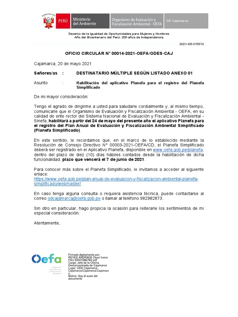OFICIO CIRCULAR 0014-2021-OEFA - ODES-CAJ Comunica Habilitacion Del Aplicativo Planefa para El ...