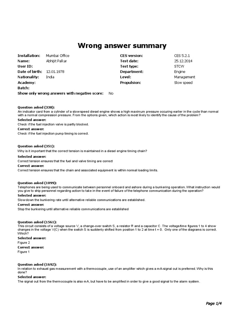 CES Wrong Answer Summary | PDF | Diesel Engine | Amplifier