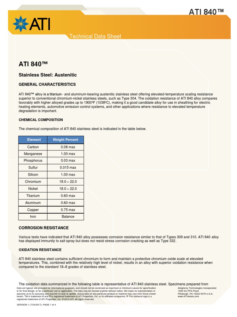 Technical Data Sheet: Stainless Steel: Austenitic | PDF | Stainless ...