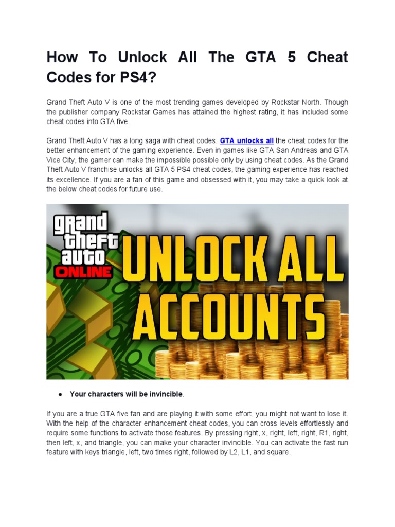 Unlocking GTA 5 Cheat Codes for PS4 | PDF