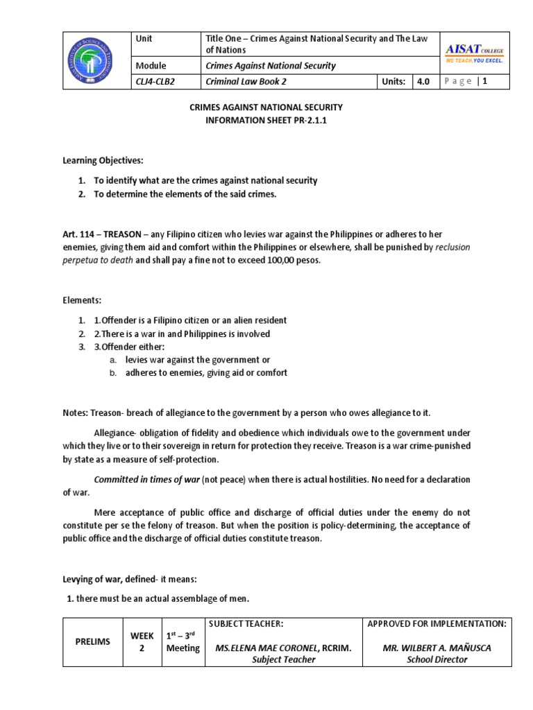 Crimes Against National Security CLJ4-CLB2 Criminal Law Book 2 | PDF | Treason | Allegiance