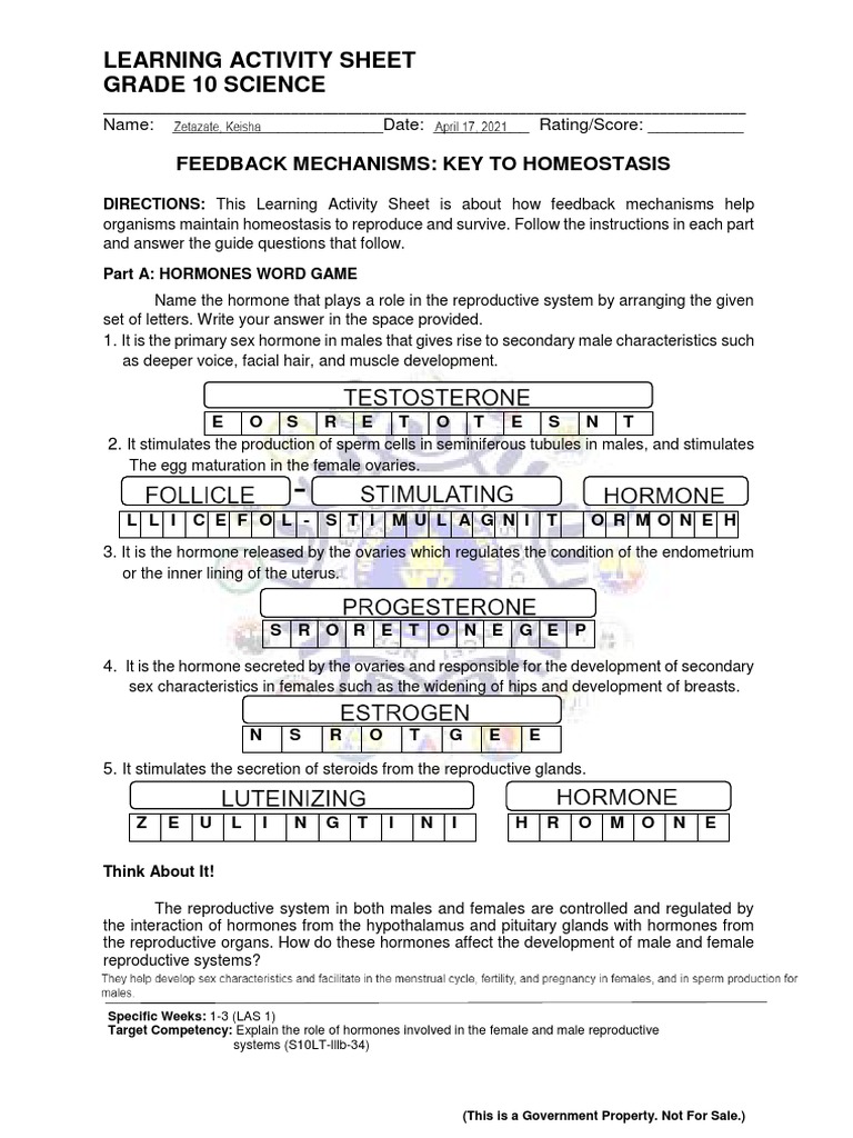 Learning Activity Sheet Grade 10 Science: Feedback Mechanisms: Key To ...