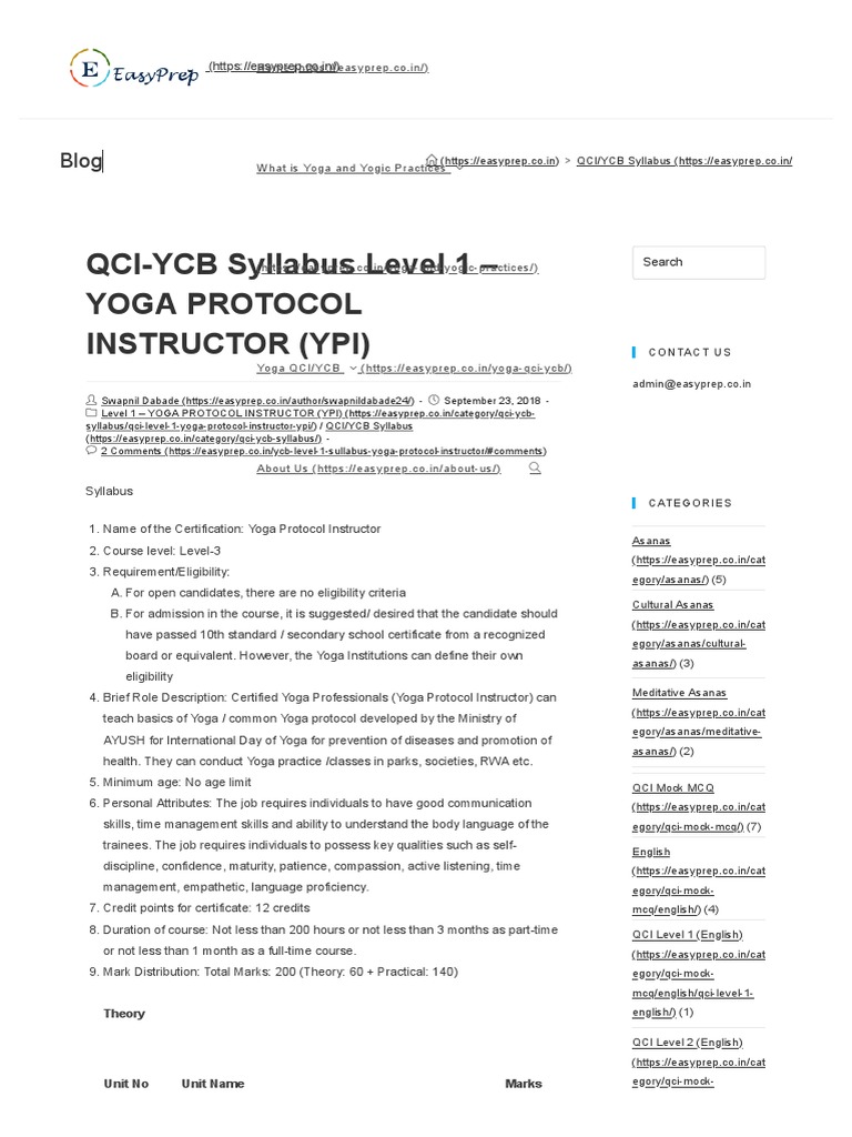 QCI-YCB Syllabus Level 1 - Yoga Protocol Instructor (Ypi) : (Https ...