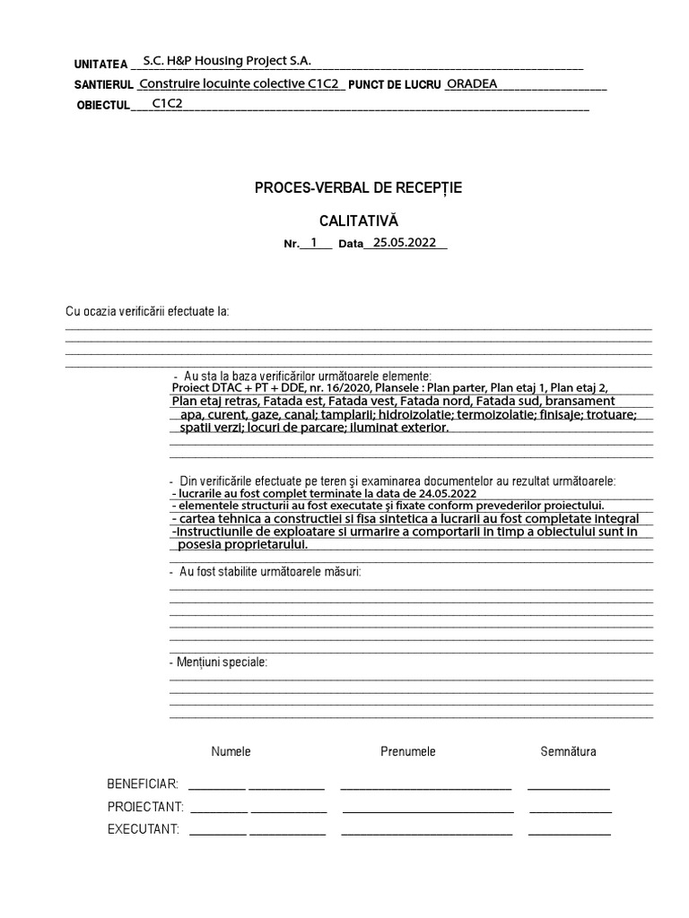 Proces Verbal de Receptie Calitativa1 | PDF