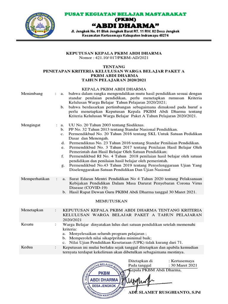 Kriteria Kelulusan PKBM 2020/2021 | PDF