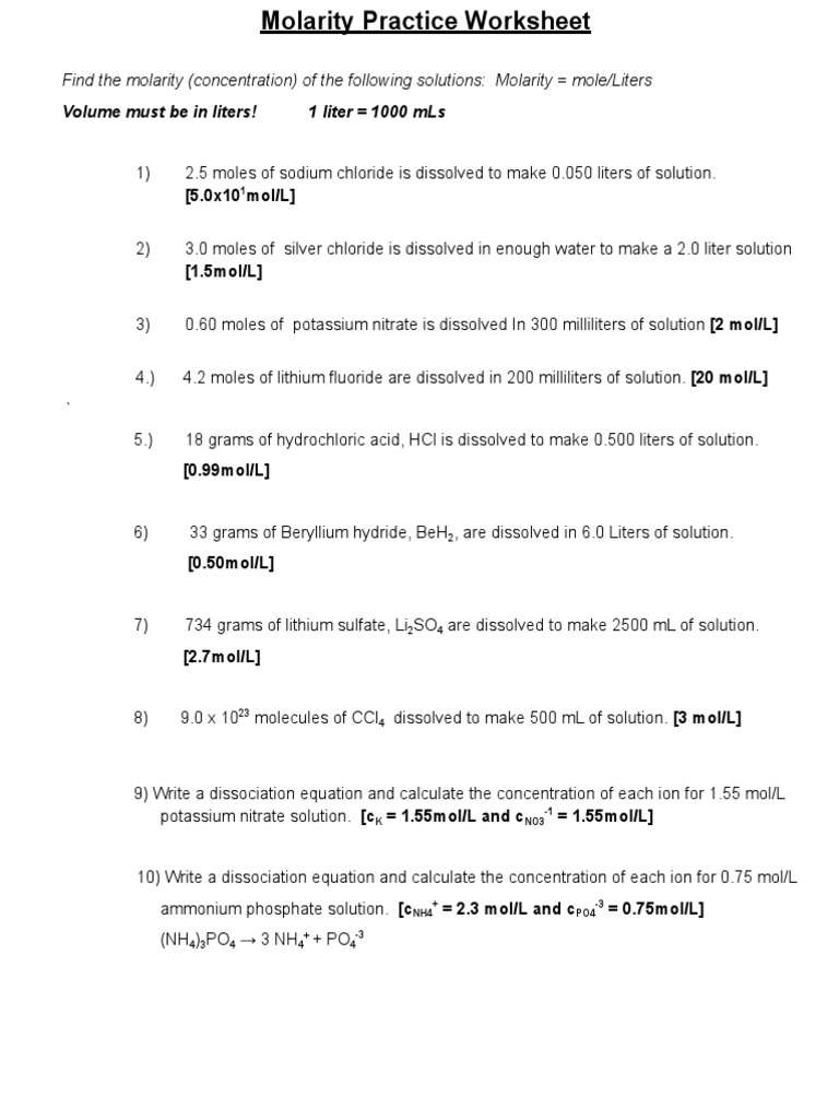 Molarity Practice Worksheet | PDF