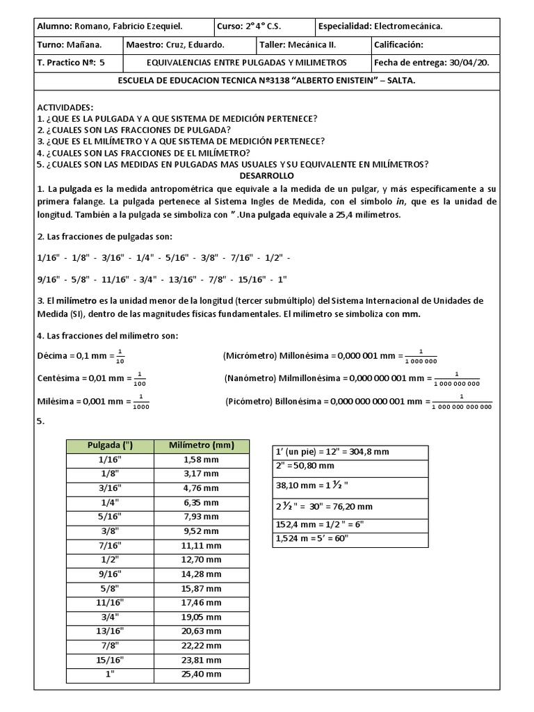 TP Nº5 Equivalencias Entre Pulgadas y Milimetros | PDF | Pulgada | Notación