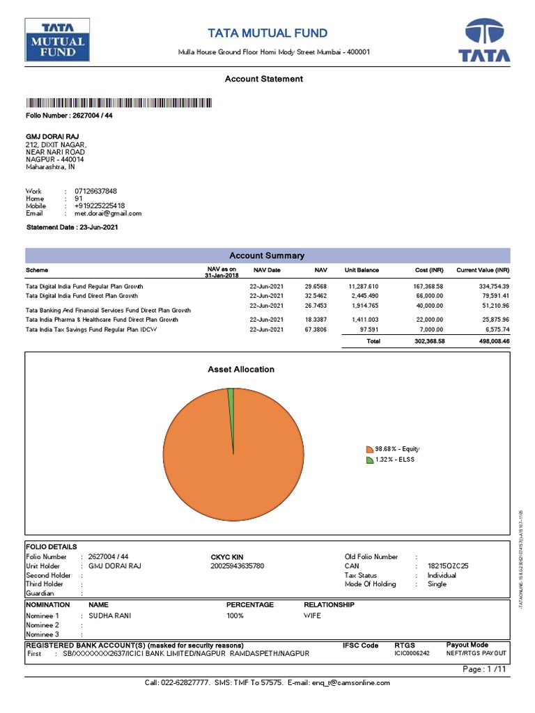 Tata Mutual Fund: Account Statement | PDF | Mutual Funds | Financial ...