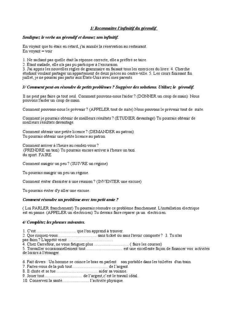 Exercices sur le Gérondif et Participe Présent | PDF