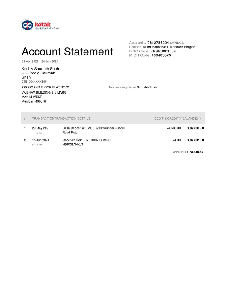 Krishiv Bank Statement | PDF