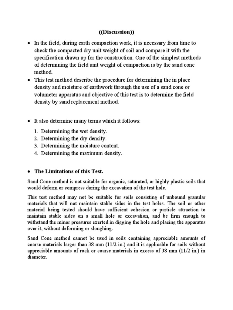 Sand Cone Method Test Discussion | PDF