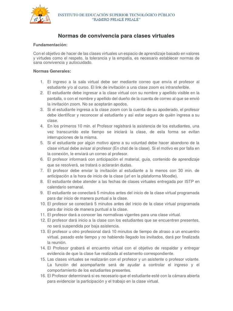Normas de Convivencia para Clases Virtuales 2021 | PDF | Chat en linea ...